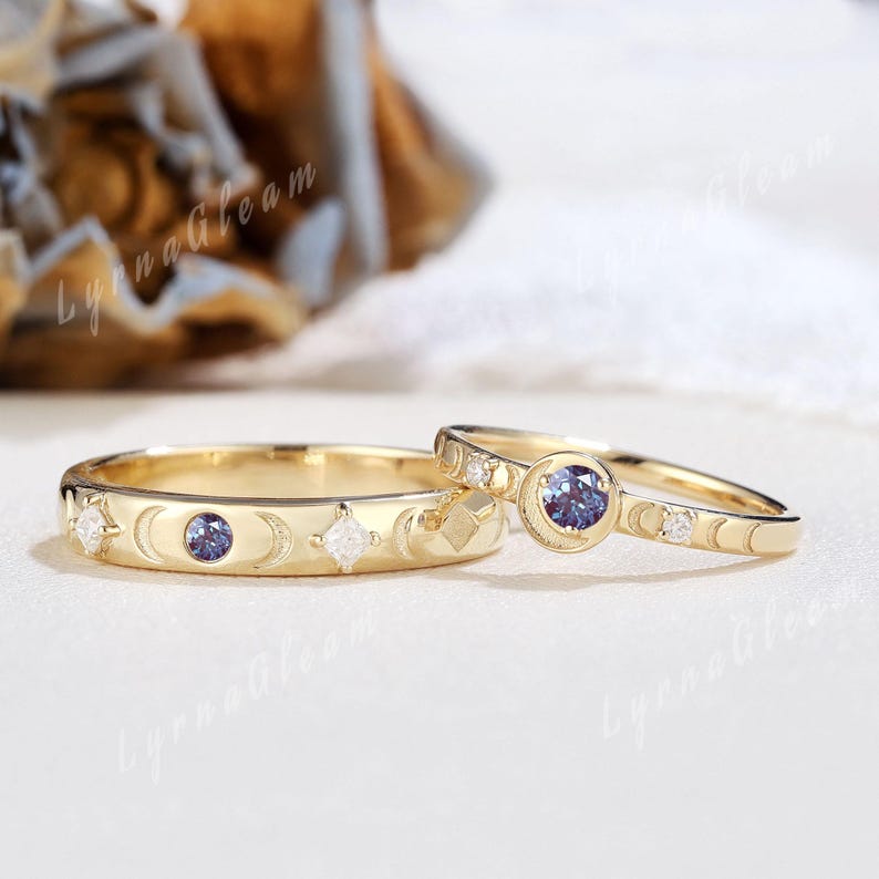 Unique Moon Couple Ring Set Sterling Silver Alexandrite Moon Wedding ...