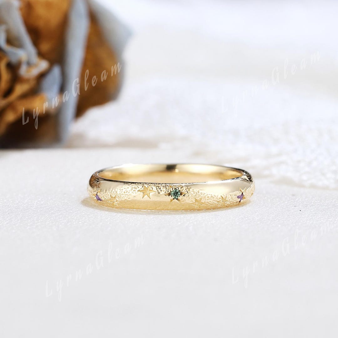 Unique Starry Night Wedding Band Amethyst Green Sapphire Starburst Ring ...