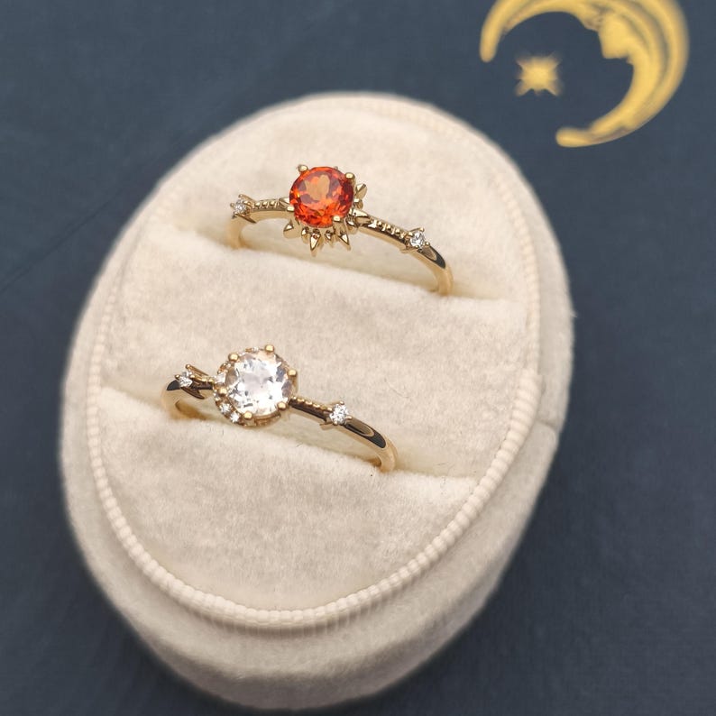 Unique Sun and Moon Engagement Ring Set Solid Gold Moonstone Ring ...