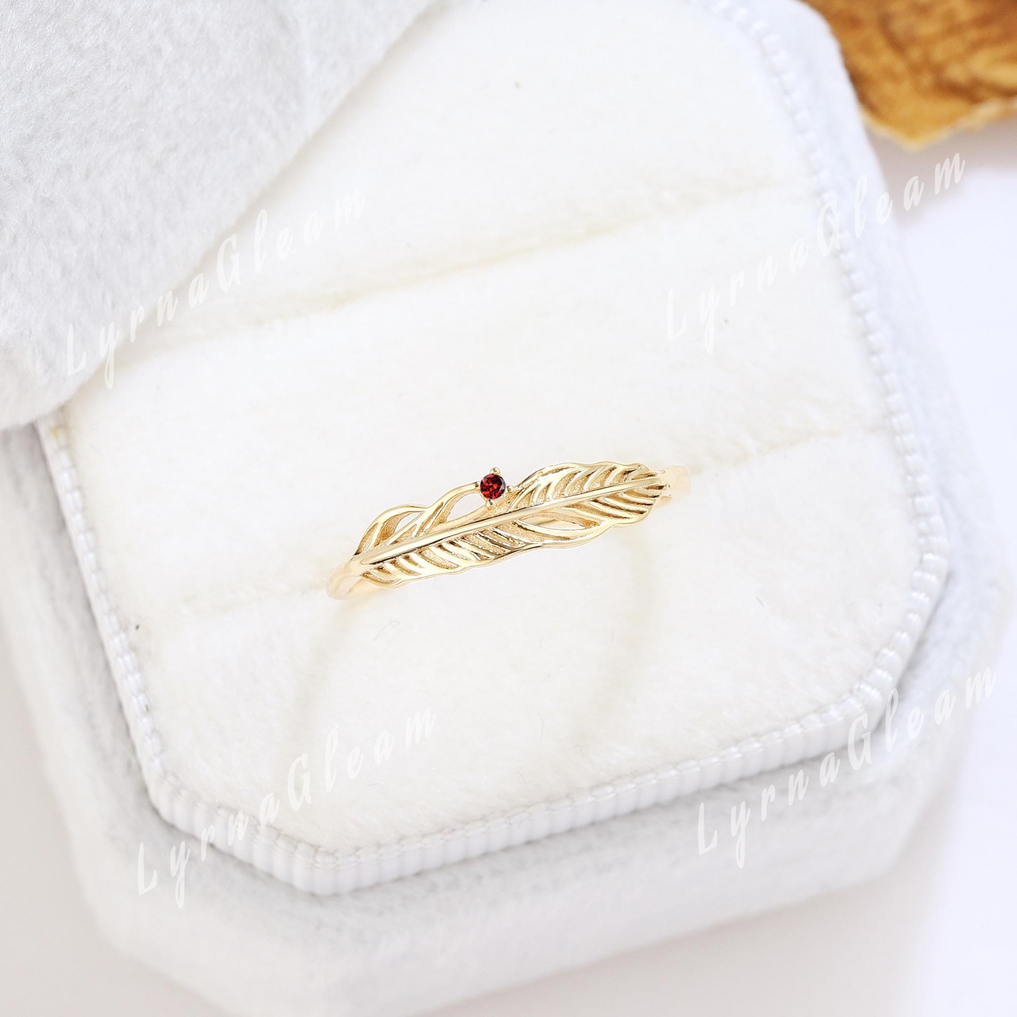 Dainty Feather Engraving Yellow Gold Ring Garnet Ring Greek Jewelry ...