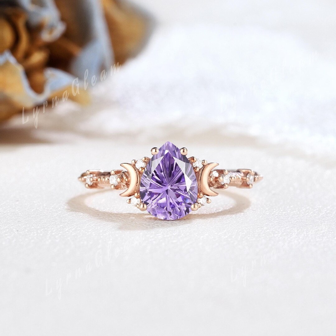 Firework Cut Purple Sapphire Pear Engagement Ring Rose Gold Moon Ring ...