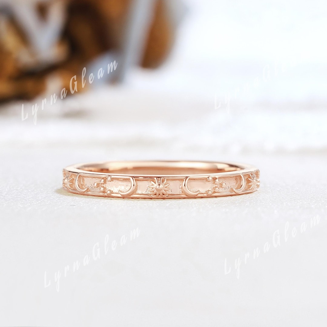 Unique Embossed Celestial Wedding Band Sun Moon Star Rose Gold Ring ...
