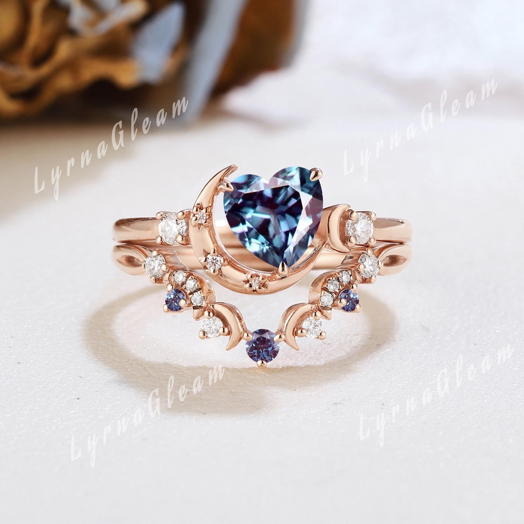 Cresent Moon Alexandrite Engagement Ring Set Rose Gold Alexandre Heart ...
