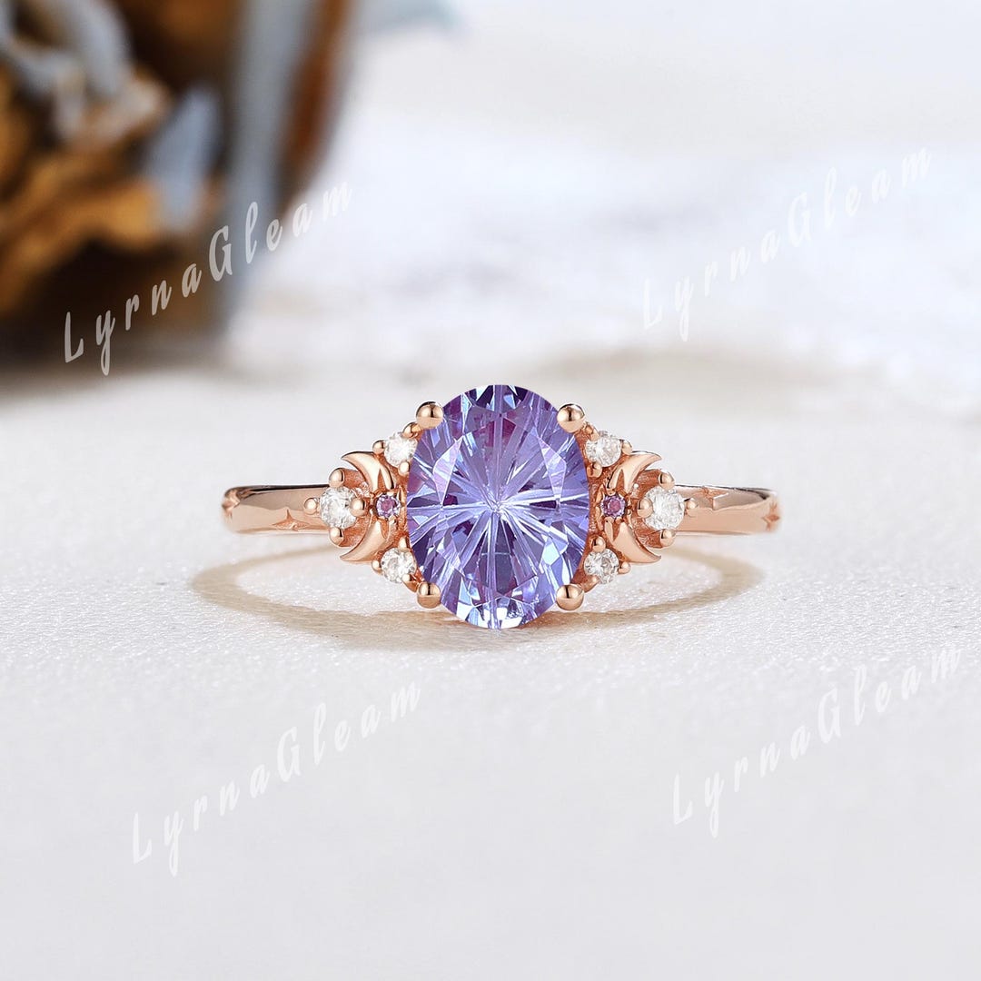 Unique Oval Firework Cut Alexandrite Moon Engagement Ring Rose Gold ...
