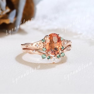 Unique Oval Firework Cut Orange Sapphire Engagement Ring Set Rose Gold ...