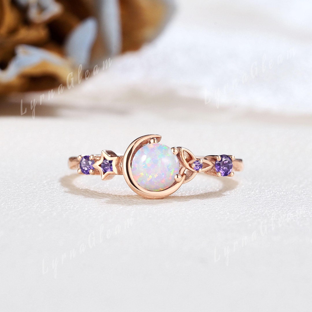 Unique Cresent Moon White Opal Engagement Ring Celtic Ring Rose Gold Moon Star Ring Celestial ...