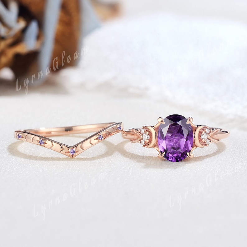 Oval Cut Amethyst Moon Engagement Ring Set Rose Gold Celestial Wedding ...