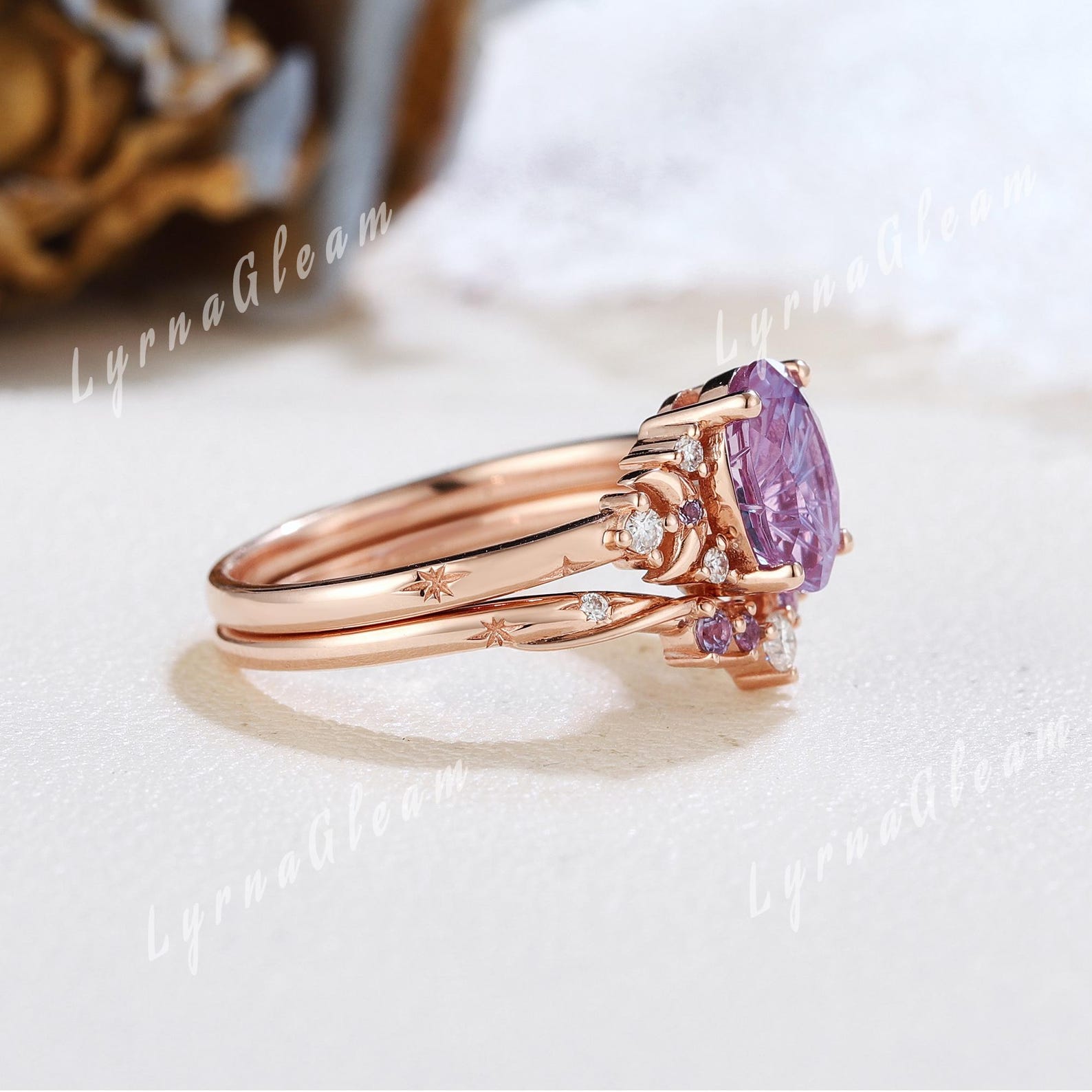Unique Oval Firework Cut Alexandrite Engagement Ring Set Rose Gold Moon ...
