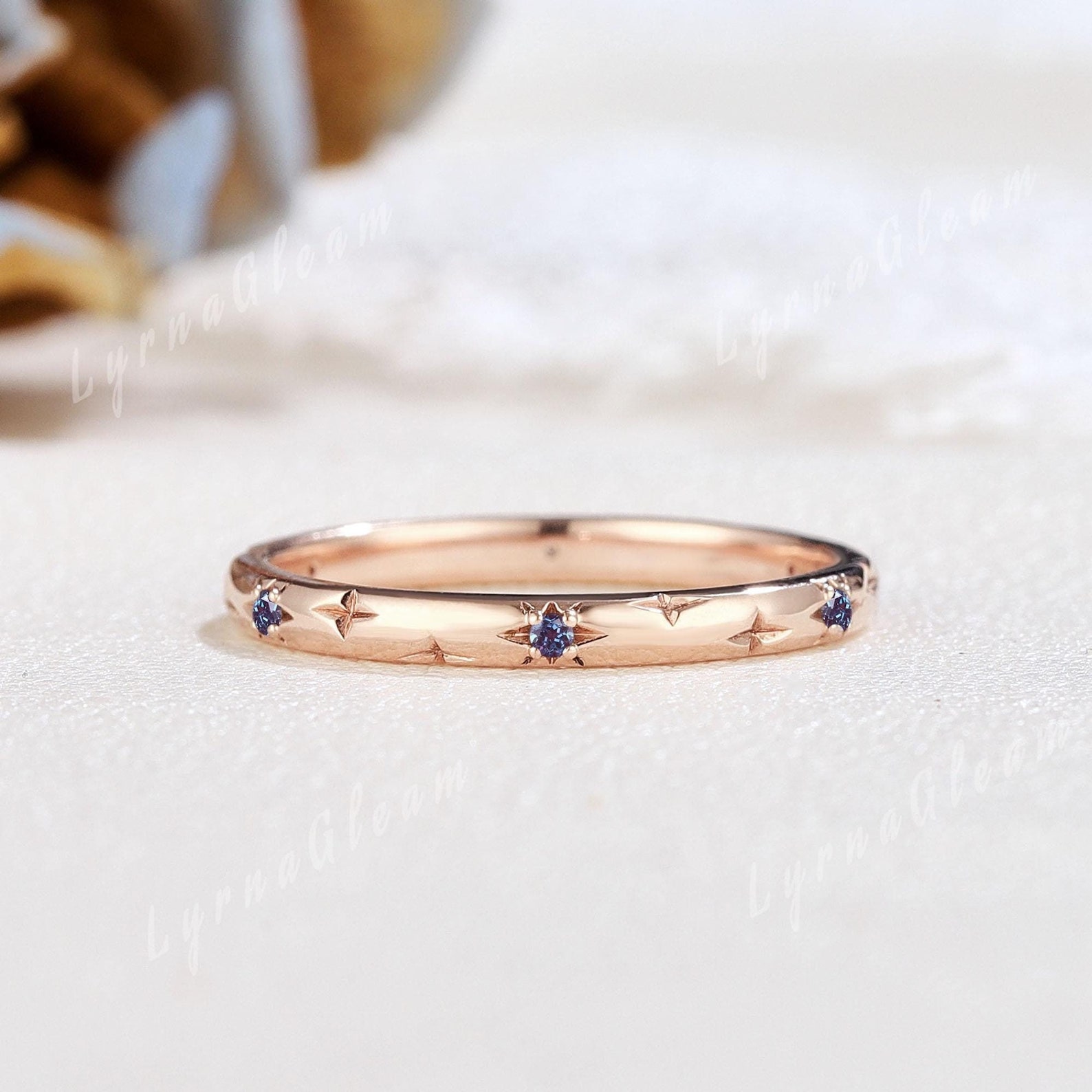 Minimalist Starburst Alexandrite Wedding Band Rose Gold Star Engraved ...
