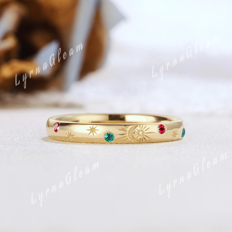 Unique Flush Set Ruby Ring Emerald Ring Sun and Moon Ring Yellow Gold ...
