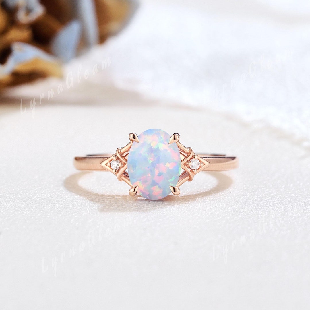 Unique Oval Cut Opal Engagement Ring Sterling Silver Moonlit Celestial Wedding Ring Opal ...