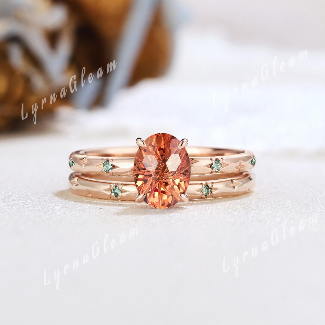 Firework Cut Orange Sapphire Engagement Ring Set Unique Rose Gold ...
