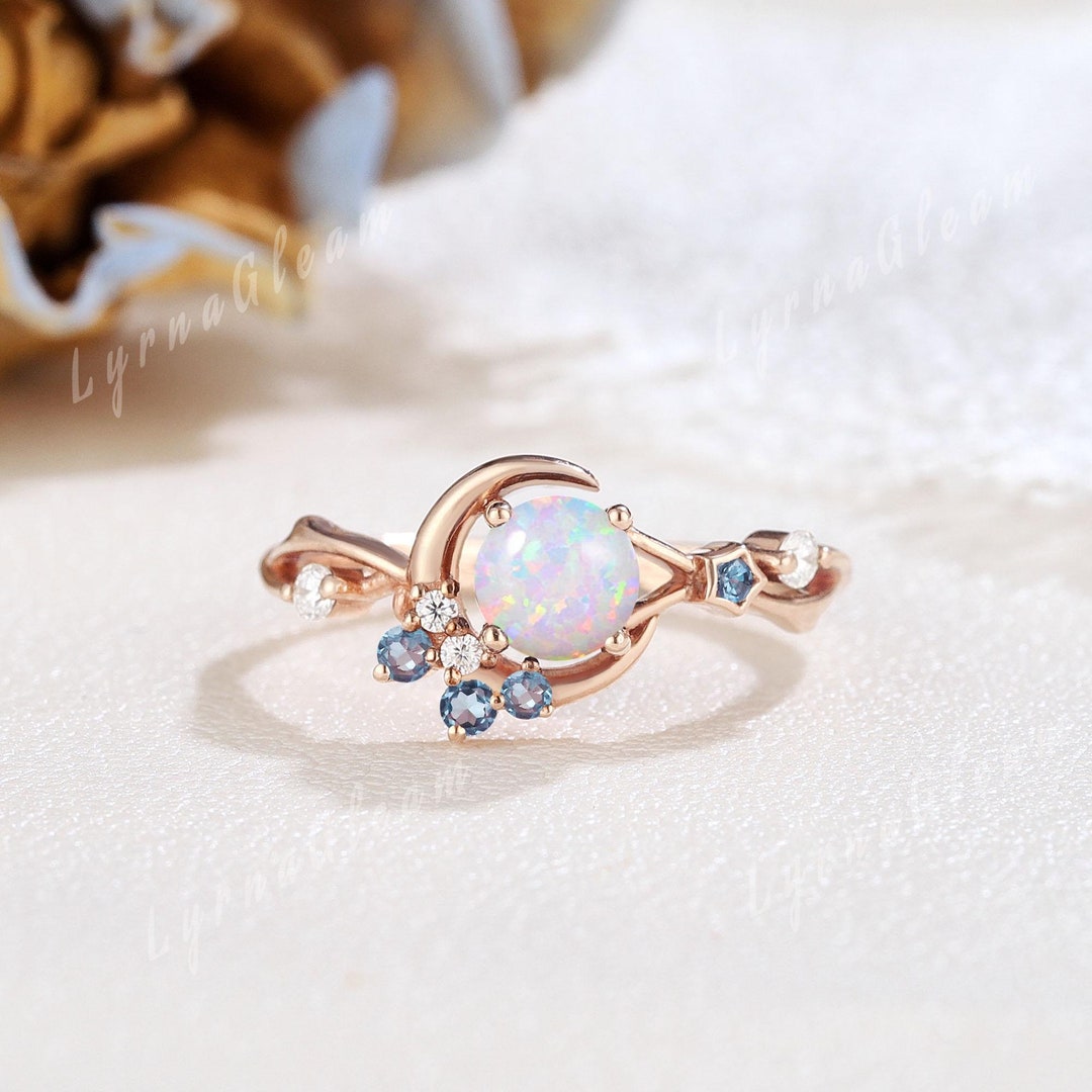 Unique Lab Opal Moon Engagement Ring Sterling Silver Crescent Moon ...