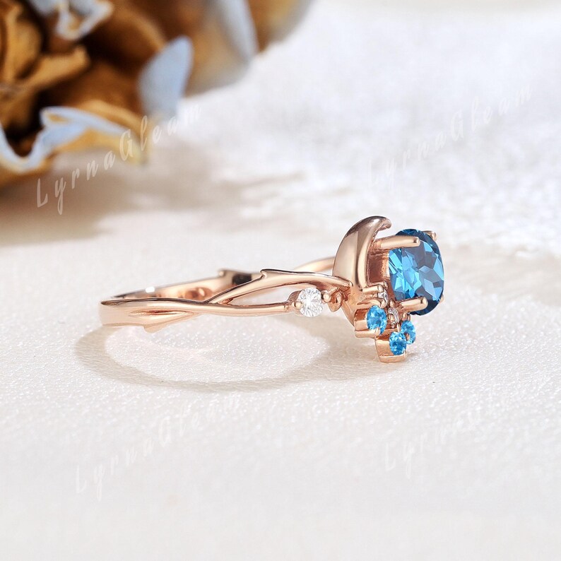 Unique Round London Blue Topaz Moon Engagement Ring Sterling Silver ...