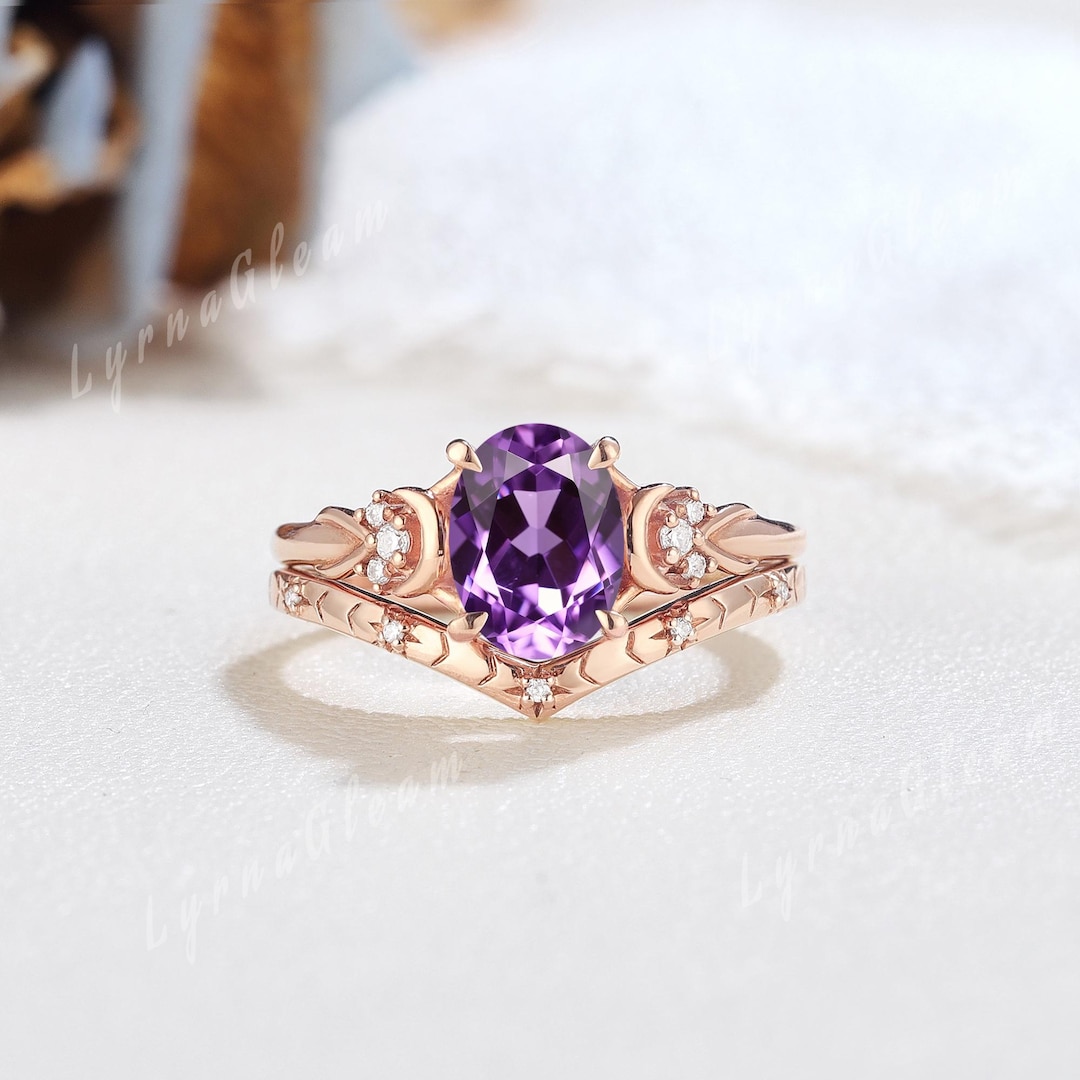 Oval Cut Purple Sapphire Moon Engagement Ring Set Rose Gold Moon ...