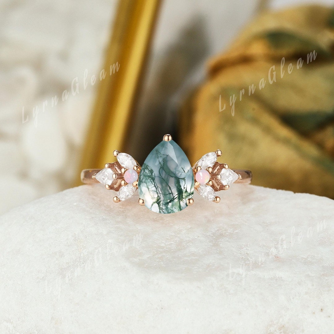 Pear Cut Moss Agate Moon Engagement Ring Sterling Sliver Nature ...