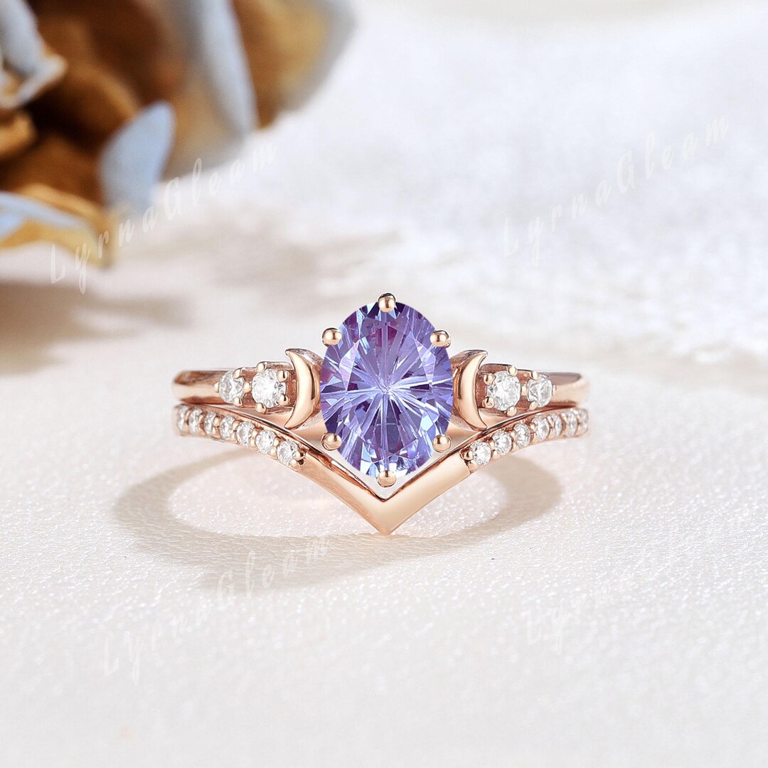 Oval Firework Cut Alexandrite Moon Engagement Ring Set Sterling Silver ...