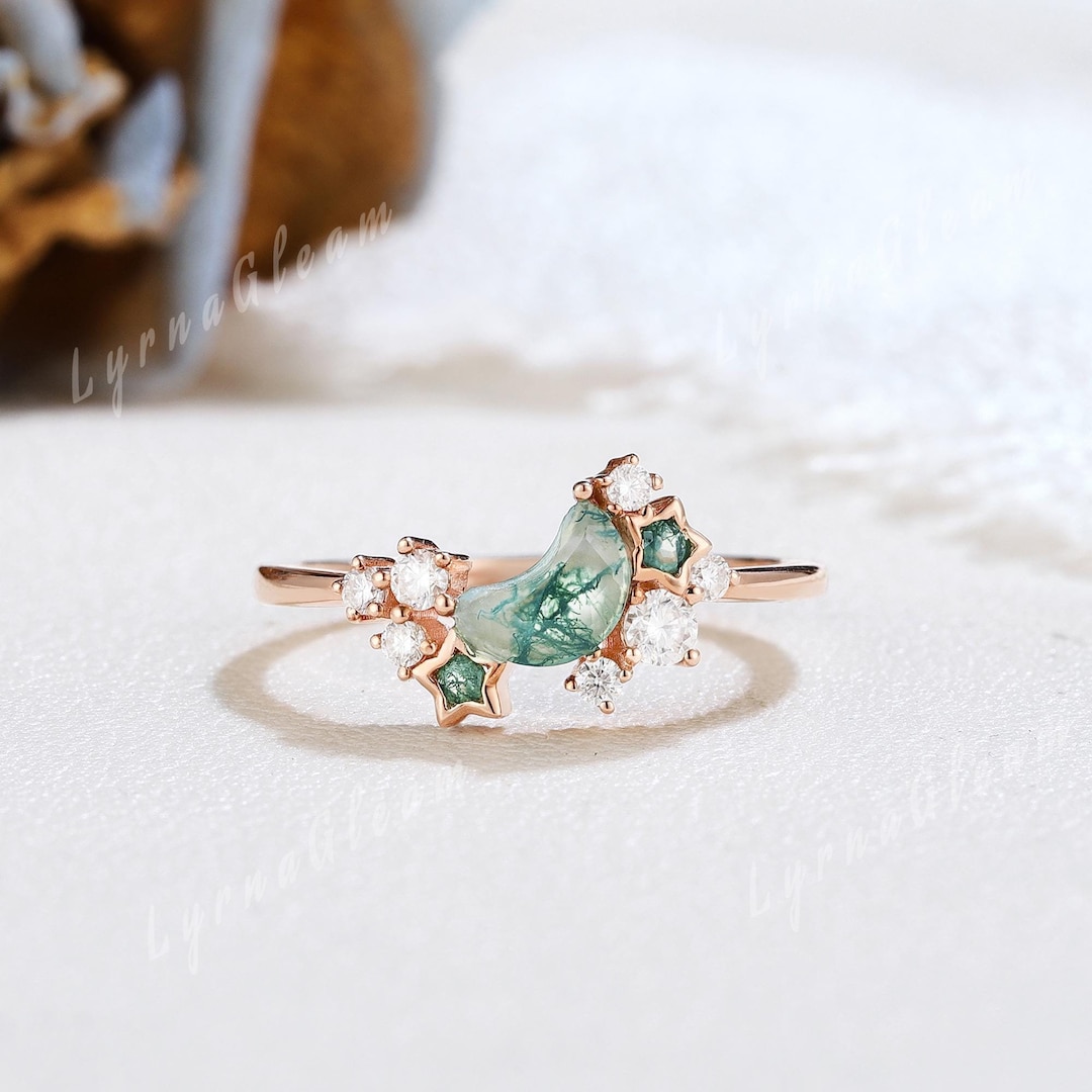 Unique Moss Agate Half Moon Engagement Ring Sterling Silver Crescent ...