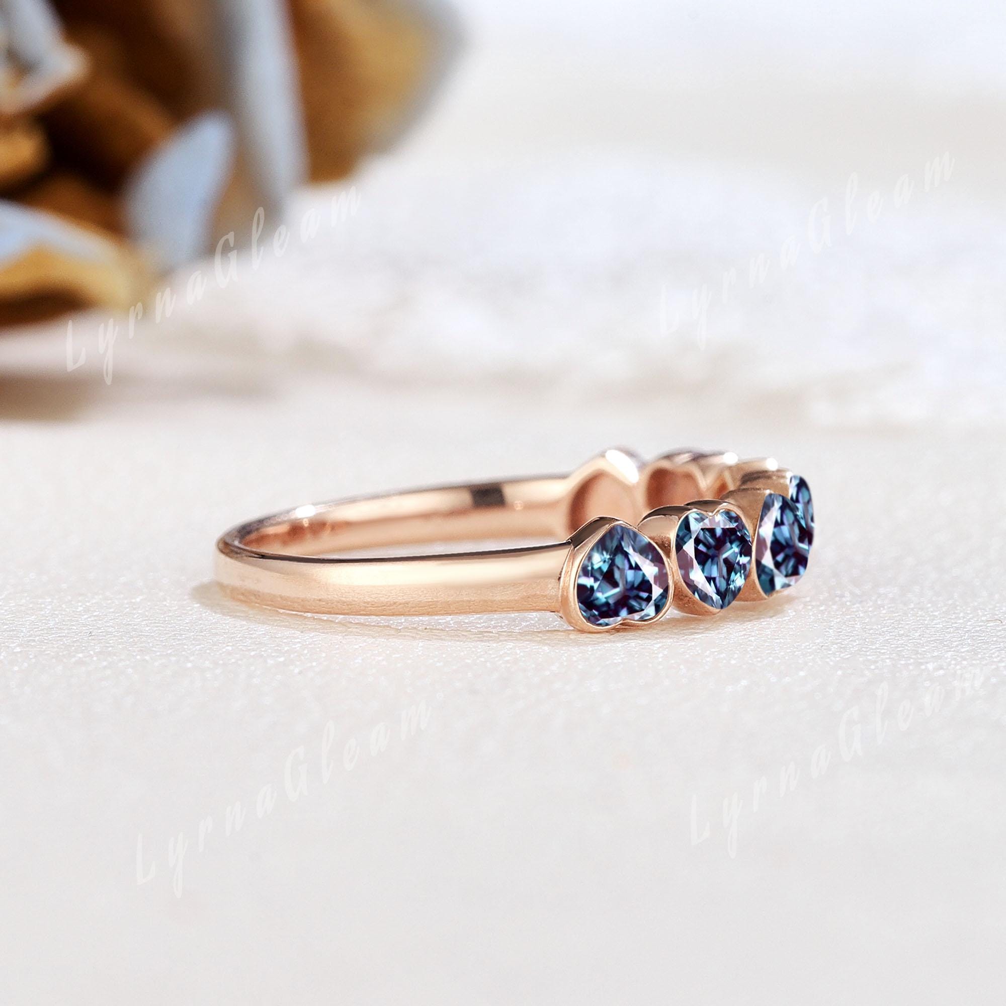 Unique Heart Cut Alexandrite Wedding Band Rose Gold Cluster Alexandrite ...
