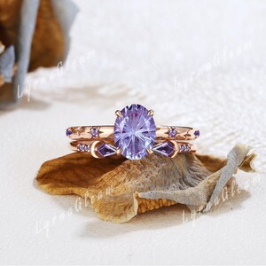 Oval Firework Cut Alexandrite Engagement Ring Set Rose Gold Celestial ...