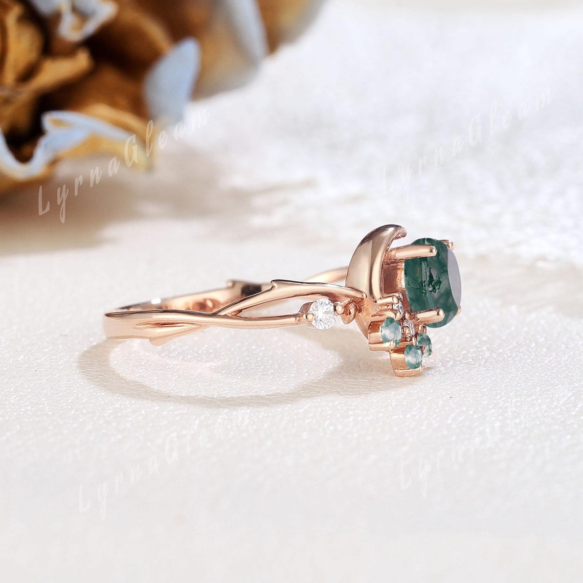 Unique Moss Agate Moon Engagement Ring Yellow Gold Cresent Moon Ring ...