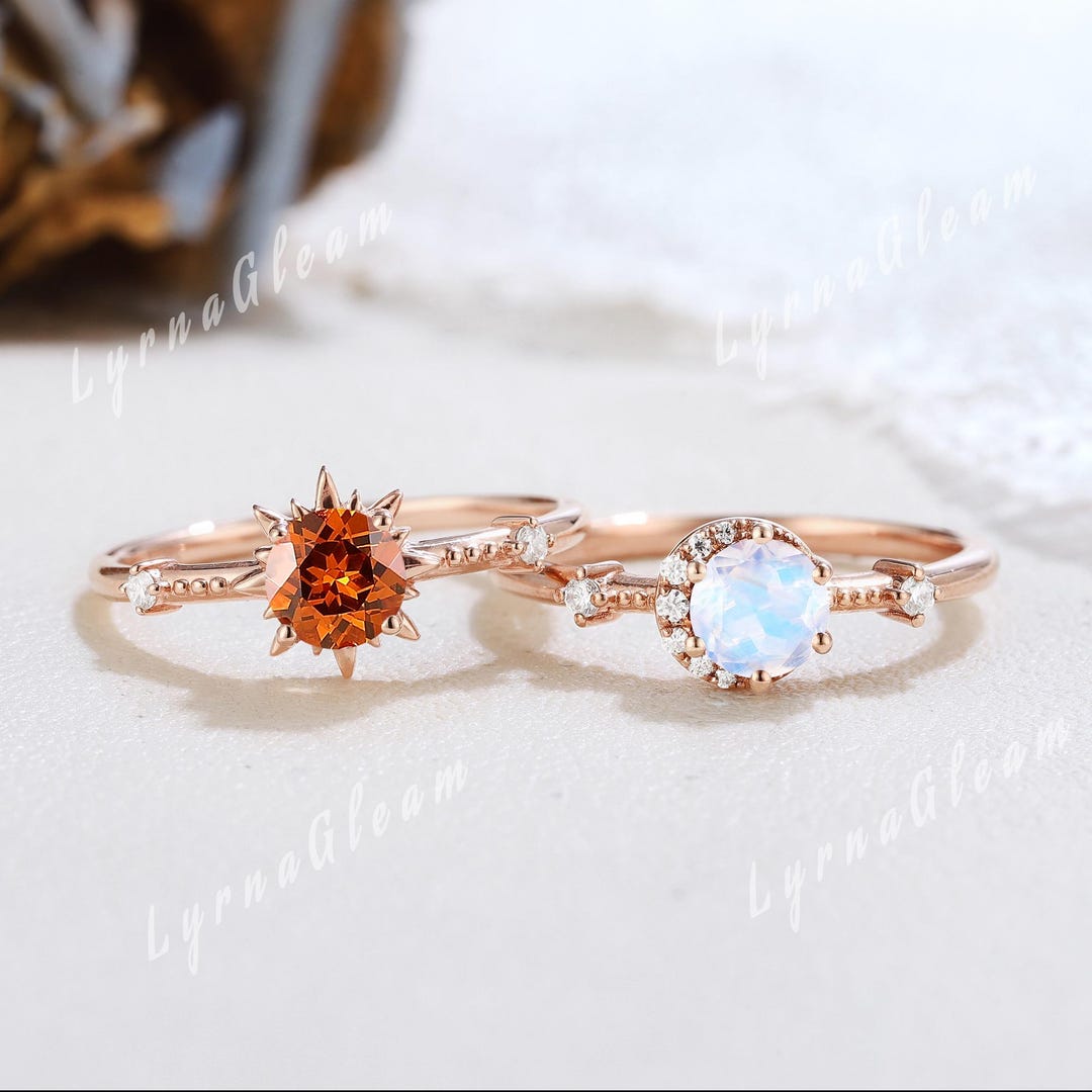 Unique Sun and Moon Engagement Ring Set Solid Gold Moonstone Ring ...