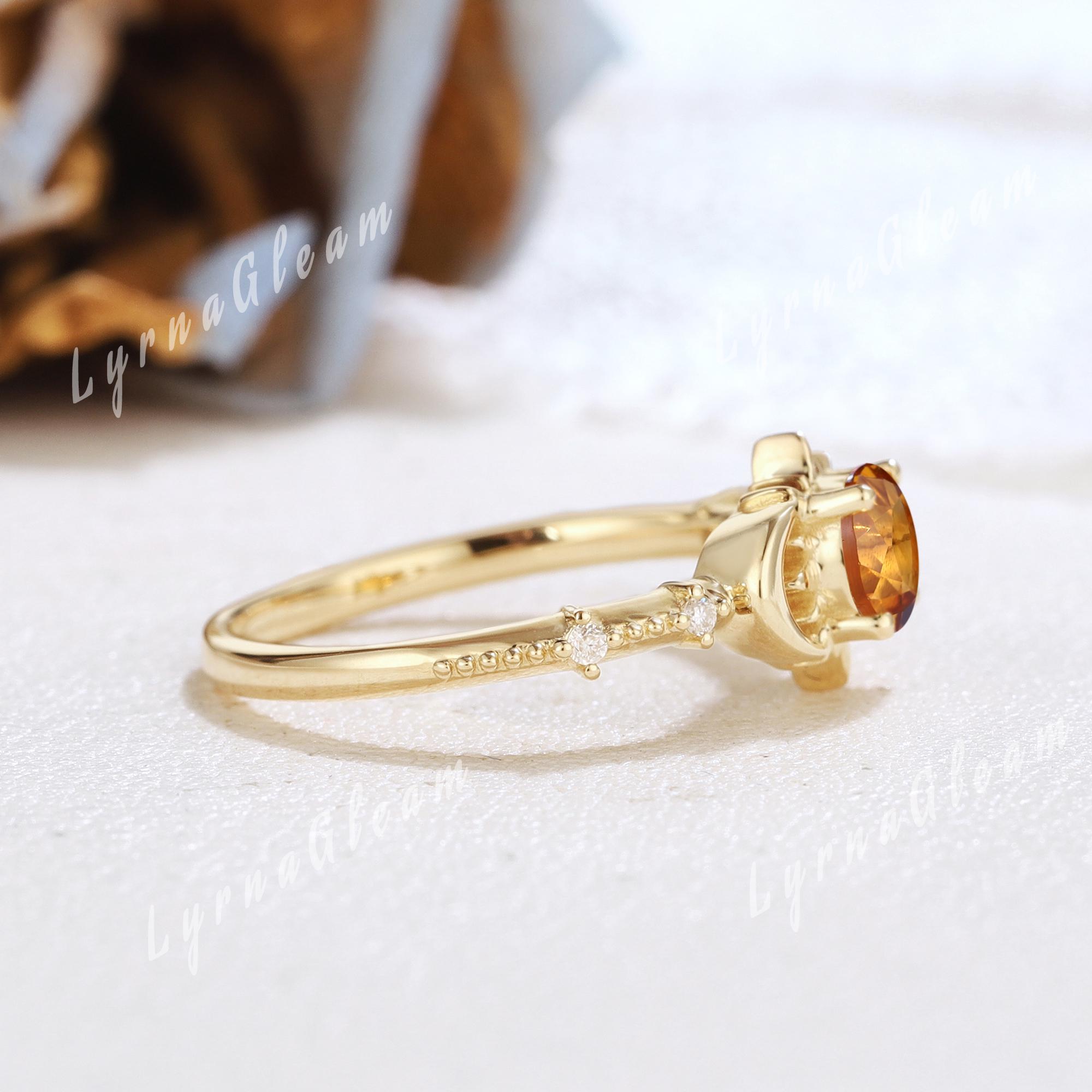 Unique Sun and Moon Engagement Ring Citrine Ring Yellow Gold Dainty ...