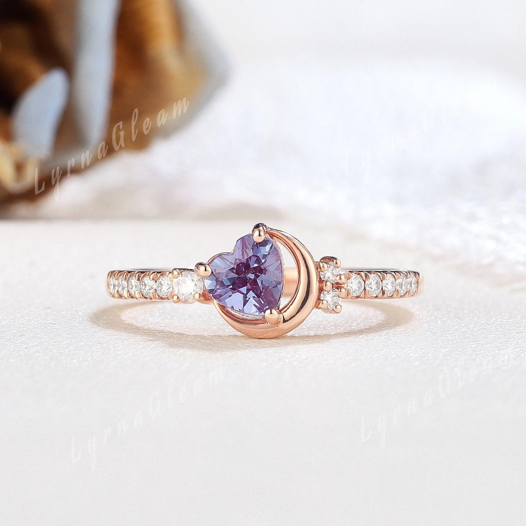 Unique Heart Cut Alexandrite Engagement Ring Rose Gold Alexandrite Moon ...