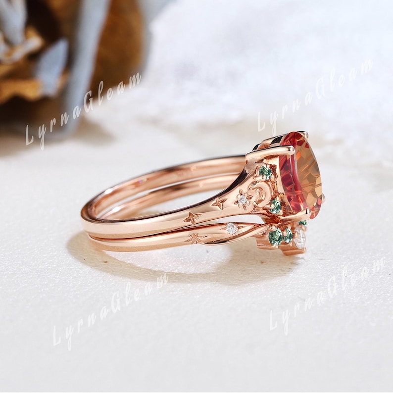 Unique Oval Firework Cut Orange Sapphire Engagement Ring Set Rose Gold ...
