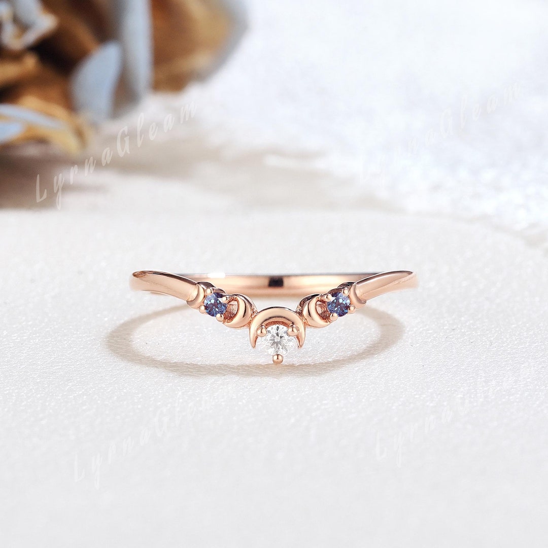 Unique Crescent Moon Wedding Band Sterling Silver Alexandrite Moon ...