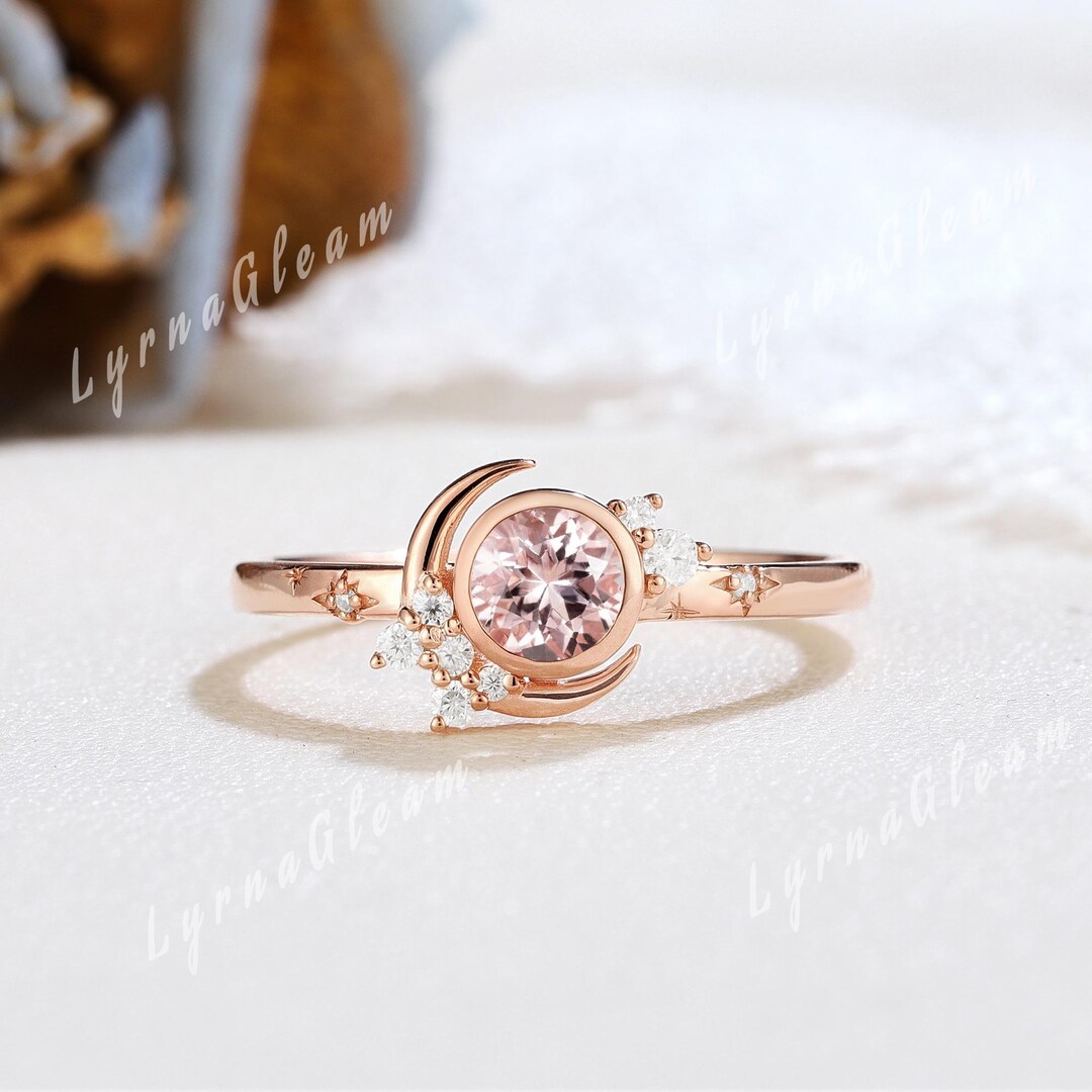 Moon Inspired Round Morganite Engagement Ring Rose Gold Cresent Moon Celestial Wedding Ring ...