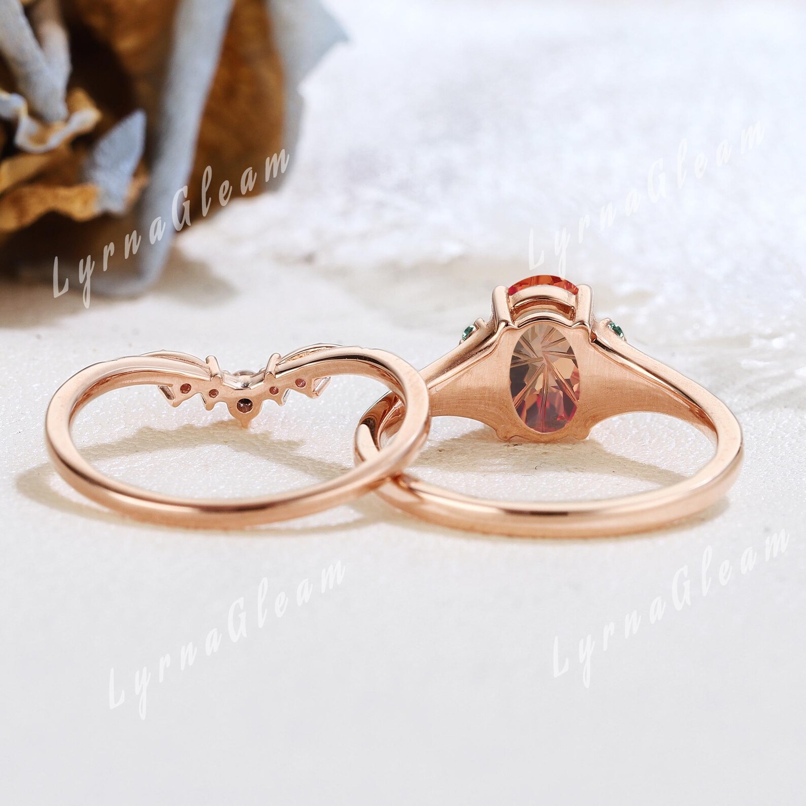 Unique Oval Firework Cut Orange Sapphire Engagement Ring Set Rose Gold ...