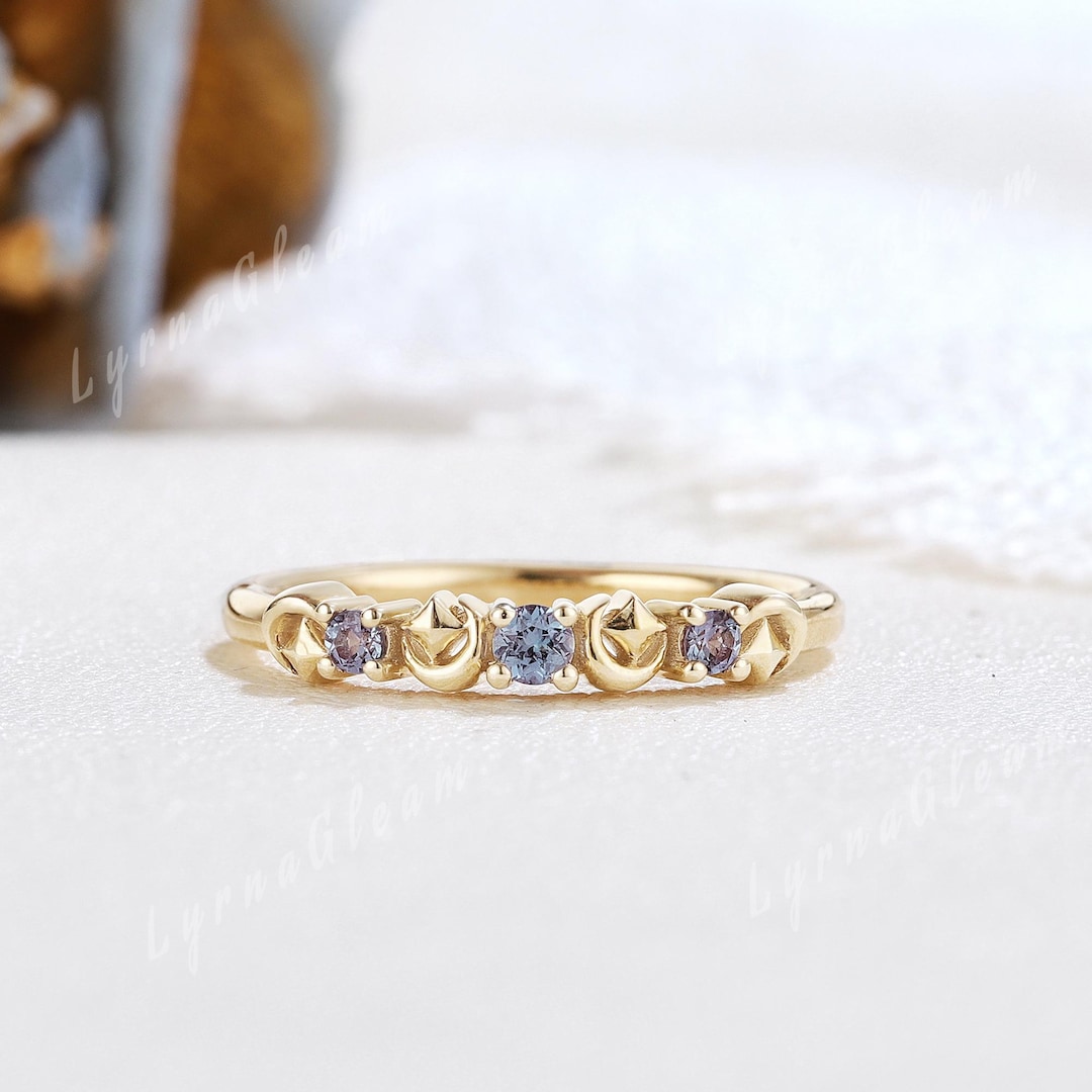 Unique Alexandrite Moon Wedding Band Yellow Gold Sailor Moon and Star ...