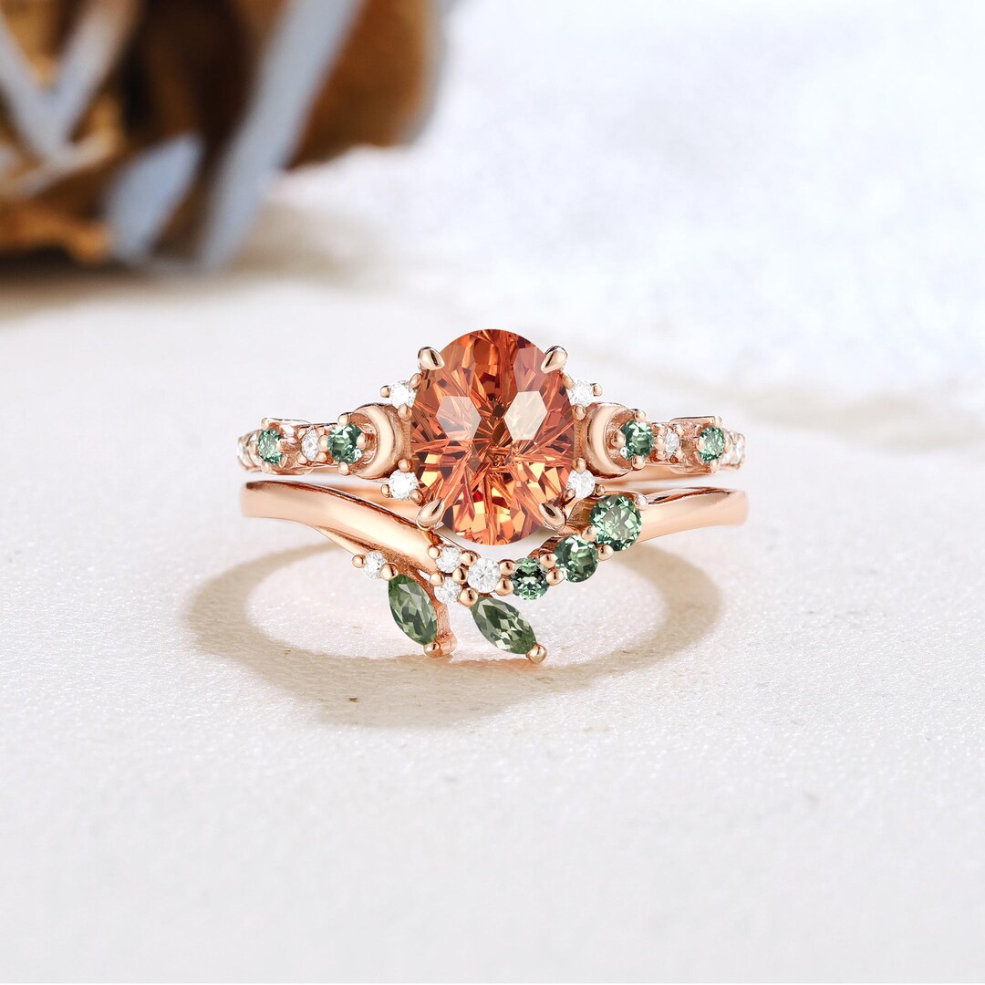 Unique Fancy Cut Orange Sapphire Engagement Ring Set Moon Ring Rose ...