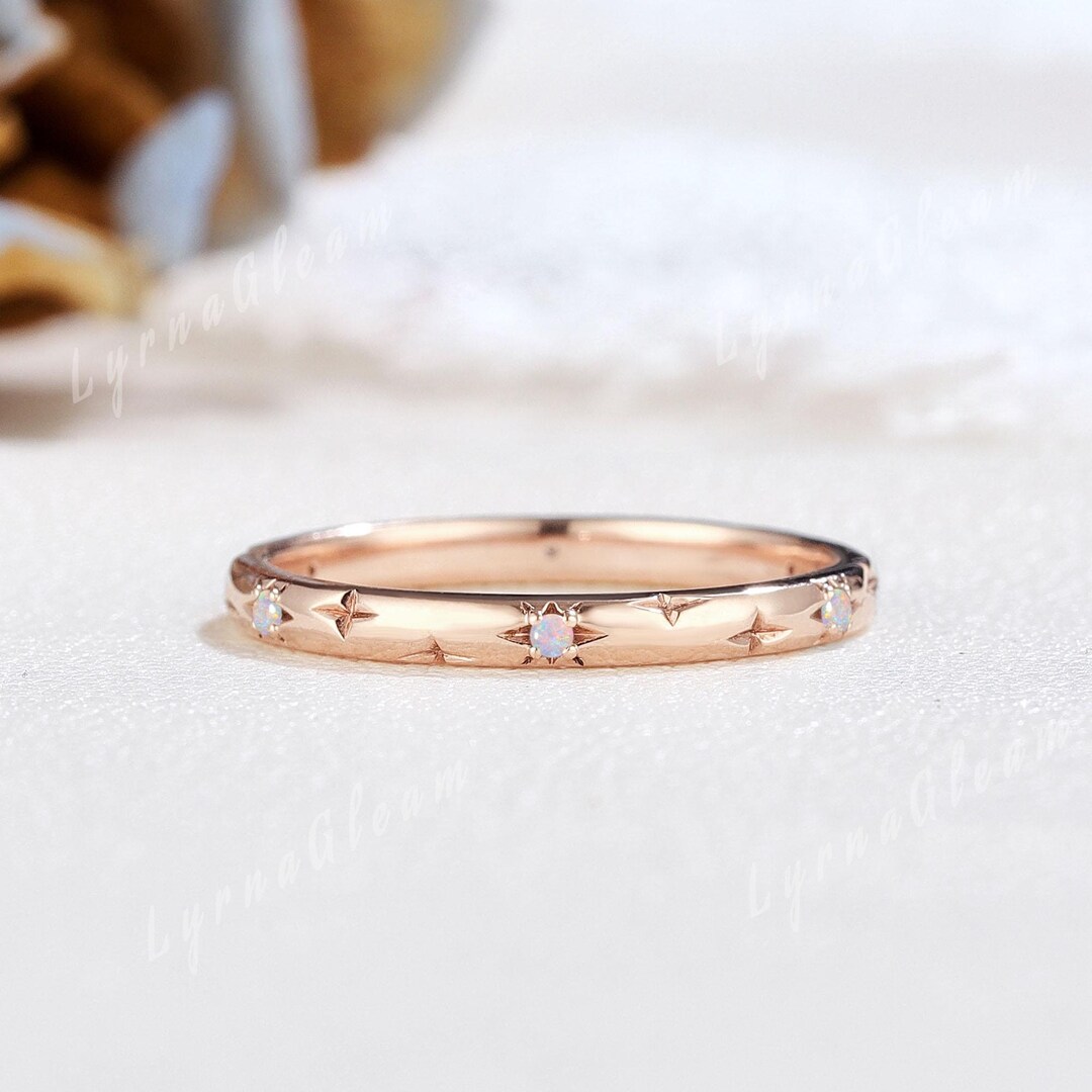 Minimalist Opal Celestial Wedding Band Sterling Silver Opal Starburst Wedding Ring Handmade ...