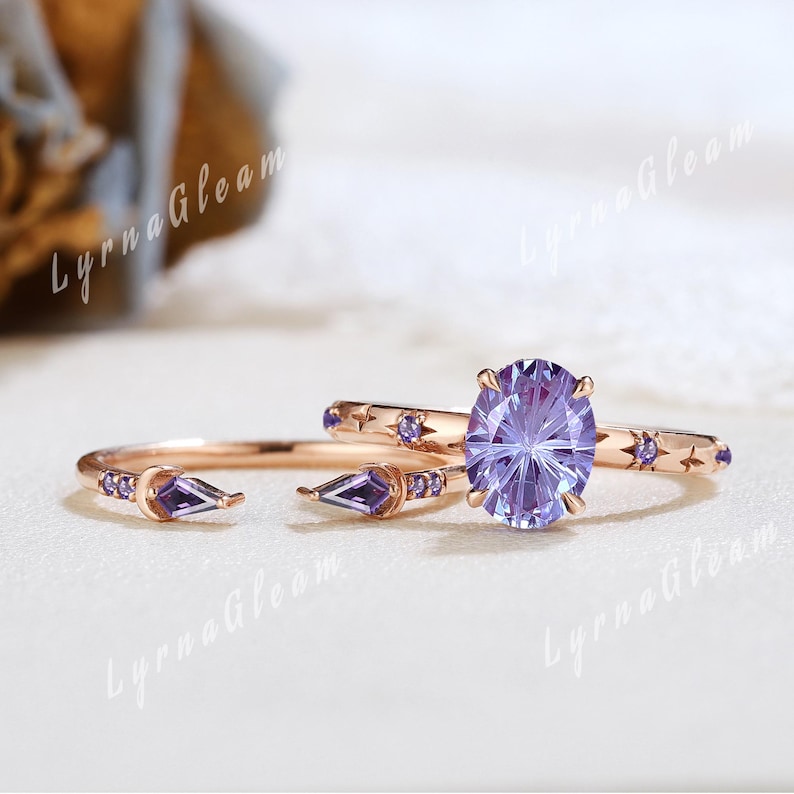 Oval Firework Cut Alexandrite Engagement Ring Set Rose Gold Celestial ...