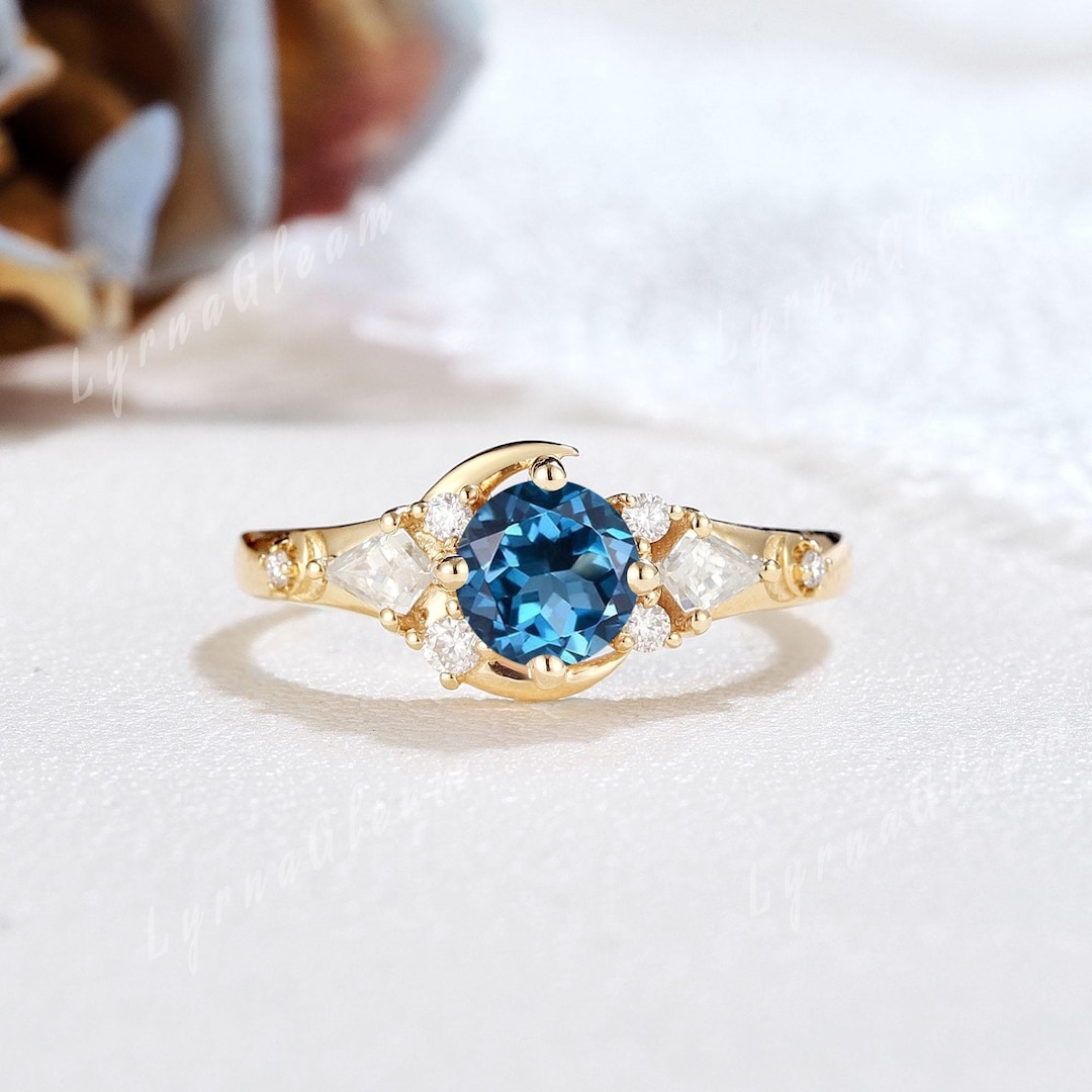 Unique London Blue Topaz Moon Engagement Ring Yellow Gold Sailor Moon ...