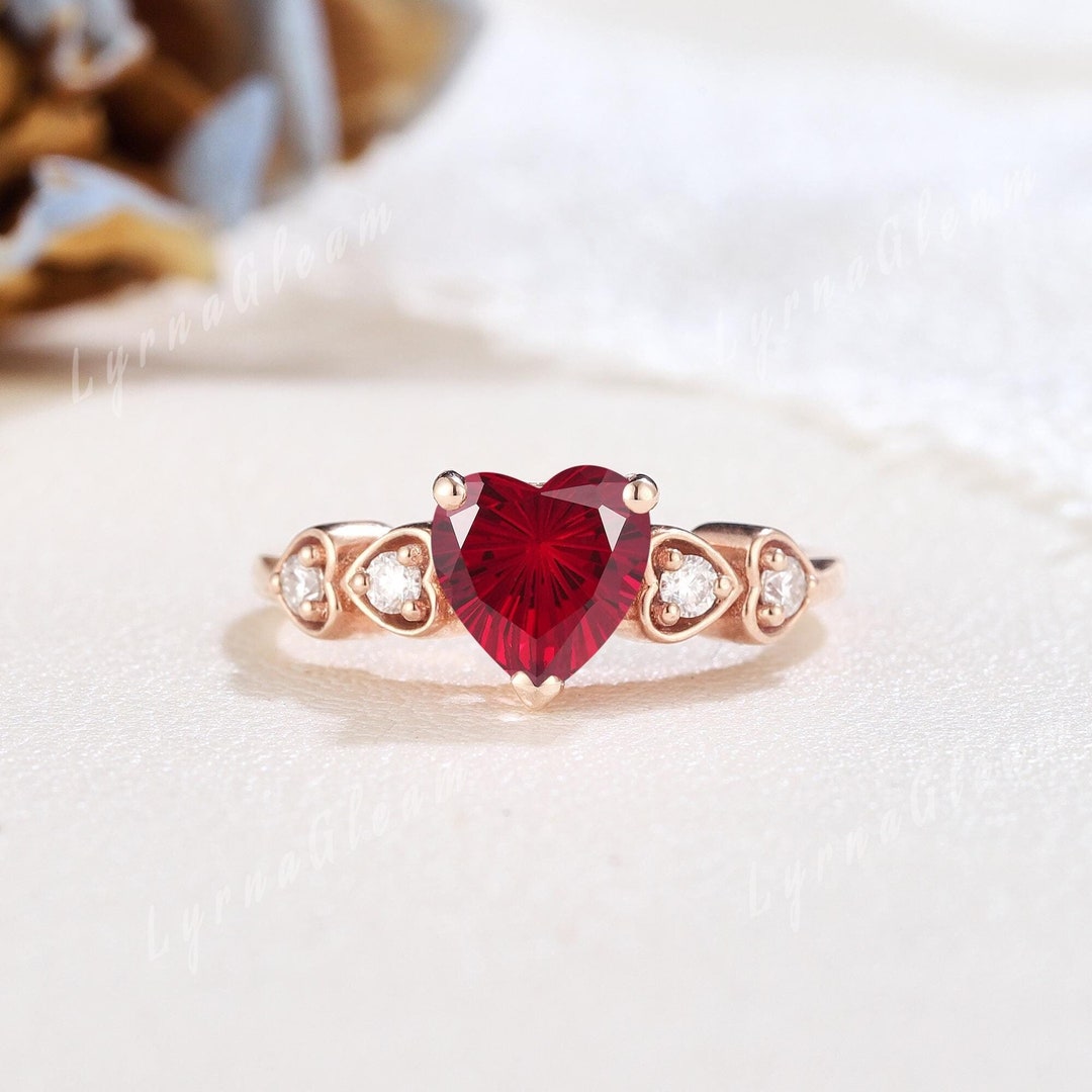 Firework Cut Ruby Engagement Ring 5 Stone Ring Rose Gold Heart Ring ...