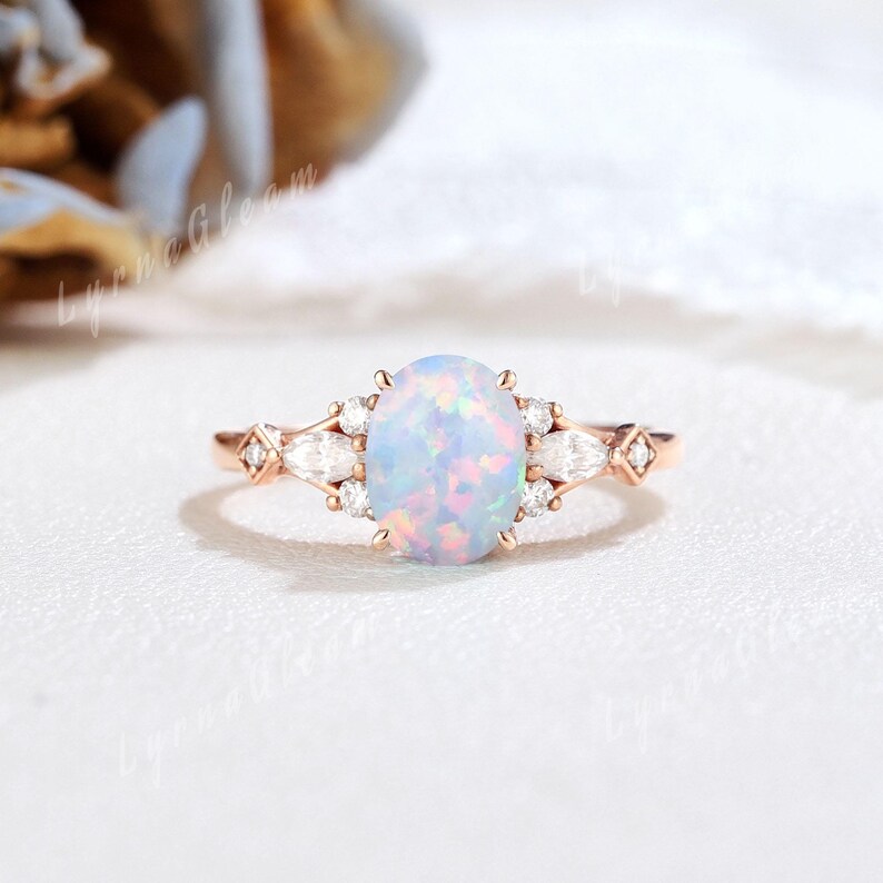 Unique Oval Shape Opal Engagement Ring Sterling Silver Moissanite Moonlit Celestial Wedding Ring ...