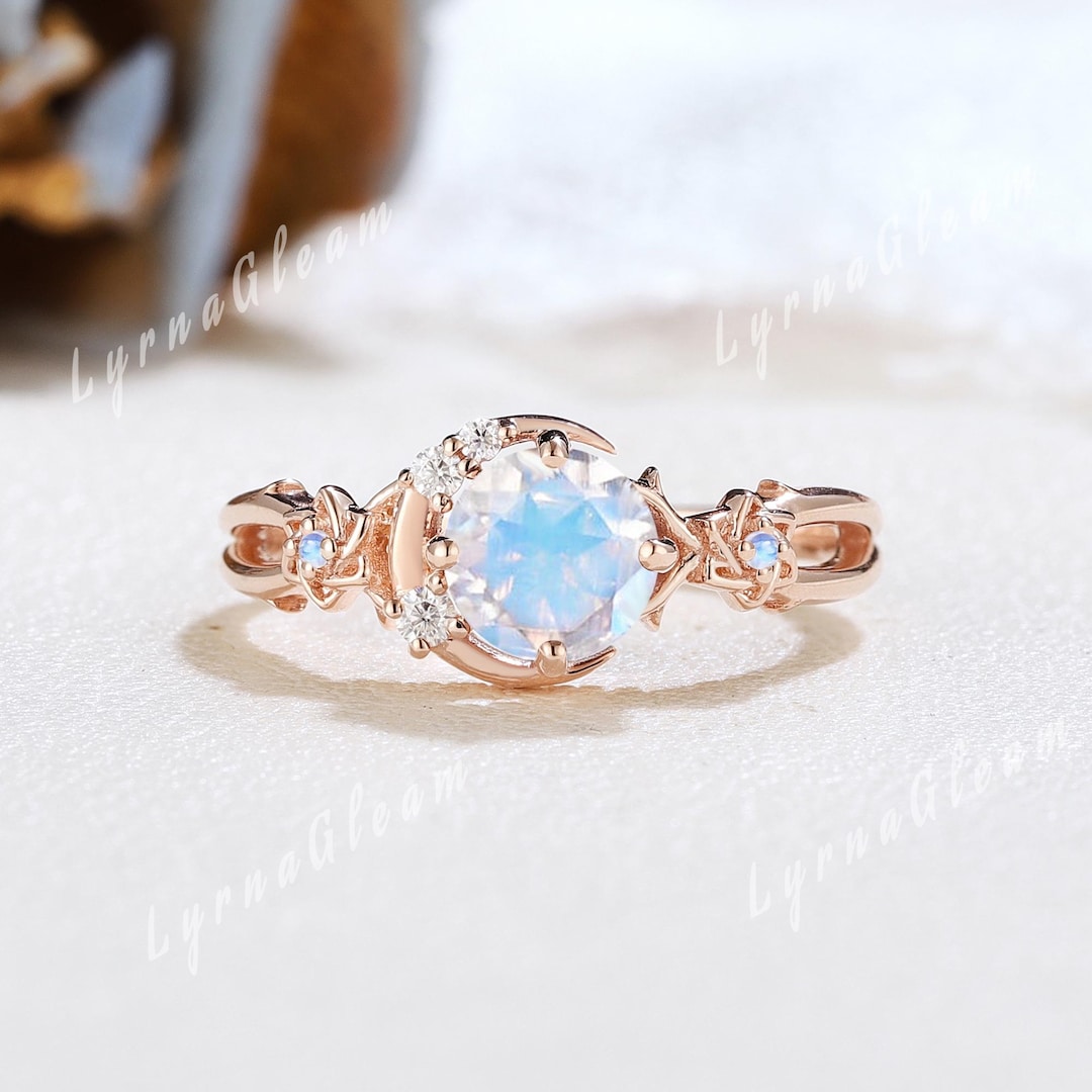 Unique Moonstone Moon Engagement Ring Rose Gold Moissanite Cluster Moon ...