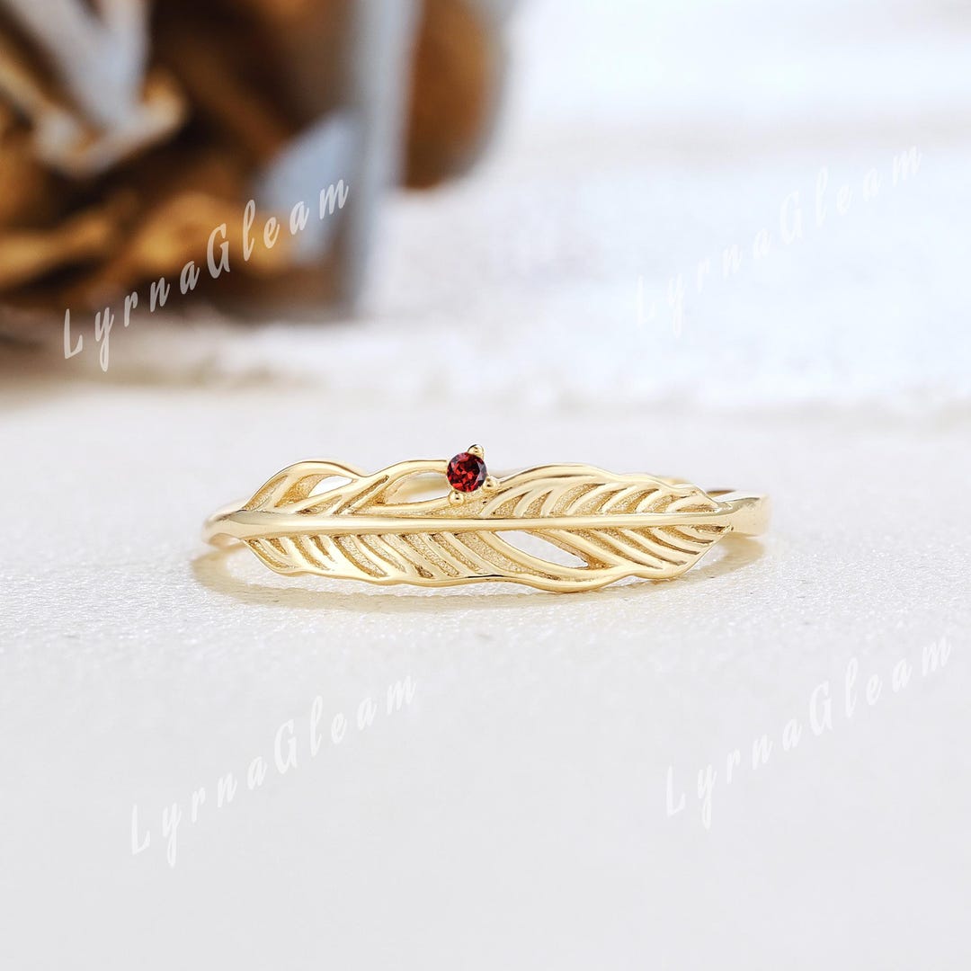 Dainty Feather Engraving Yellow Gold Ring Garnet Ring Greek Jewelry ...