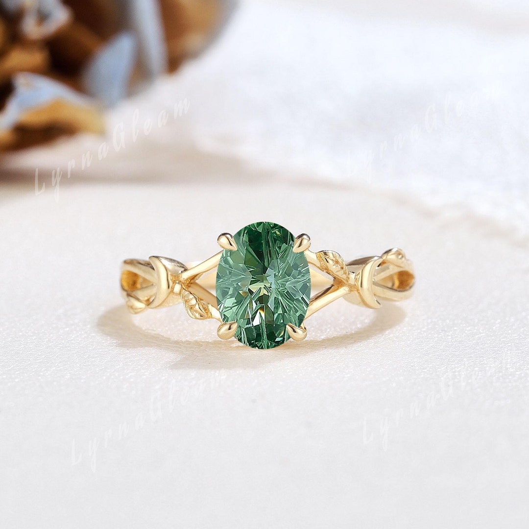 Firework Cut Green Sapphire Moon Engagement Ring Yellow Gold Moon Ring ...