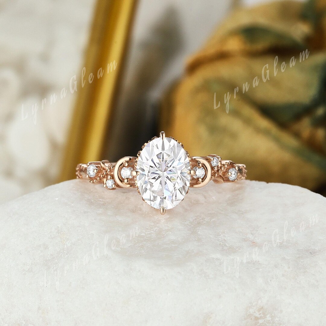 Unique Oval Cut Moissanite Moon Engagement Ring Sterling Silver ...