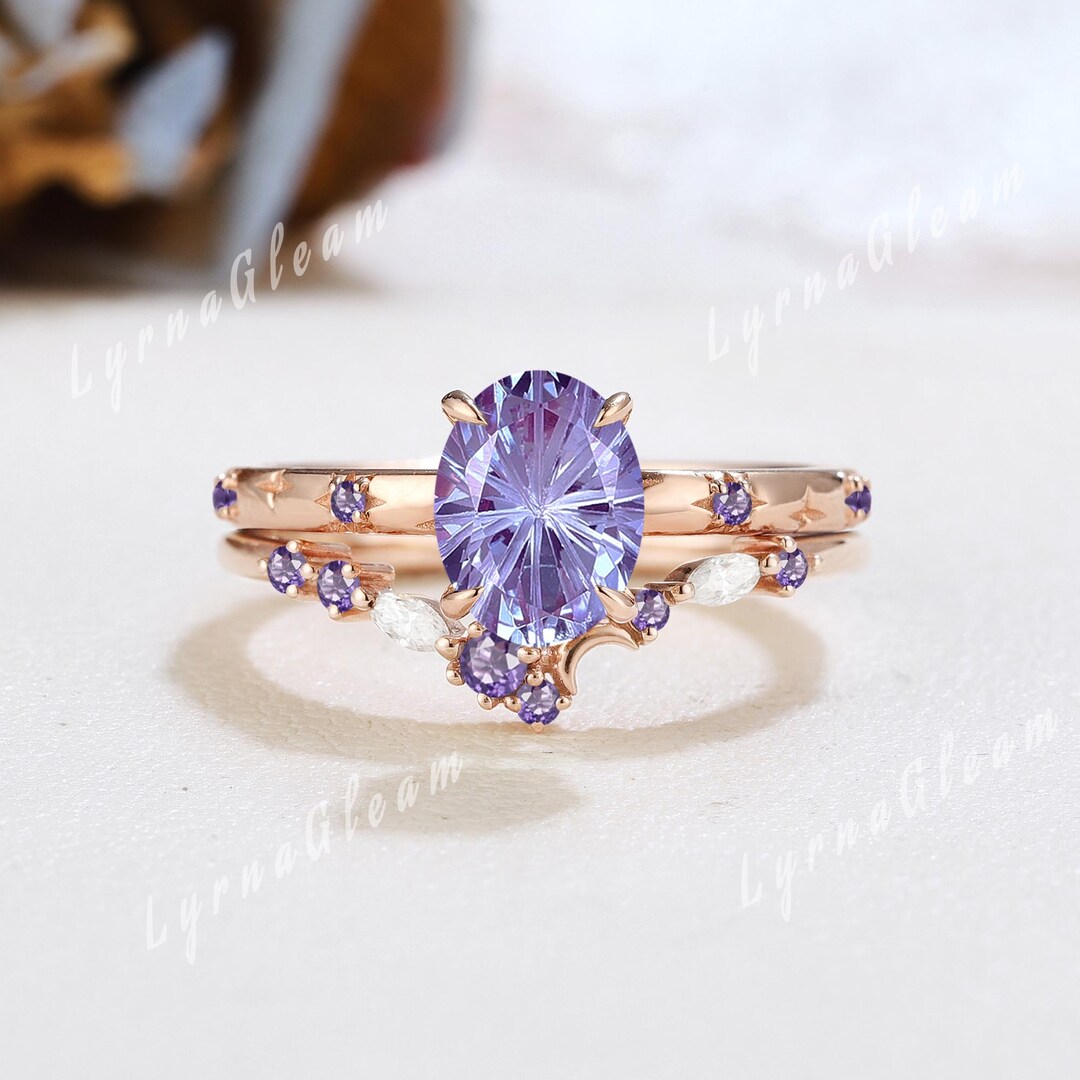 Oval Firework Cut Alexandrite Engagement Ring Set Rose Gold Celestial ...