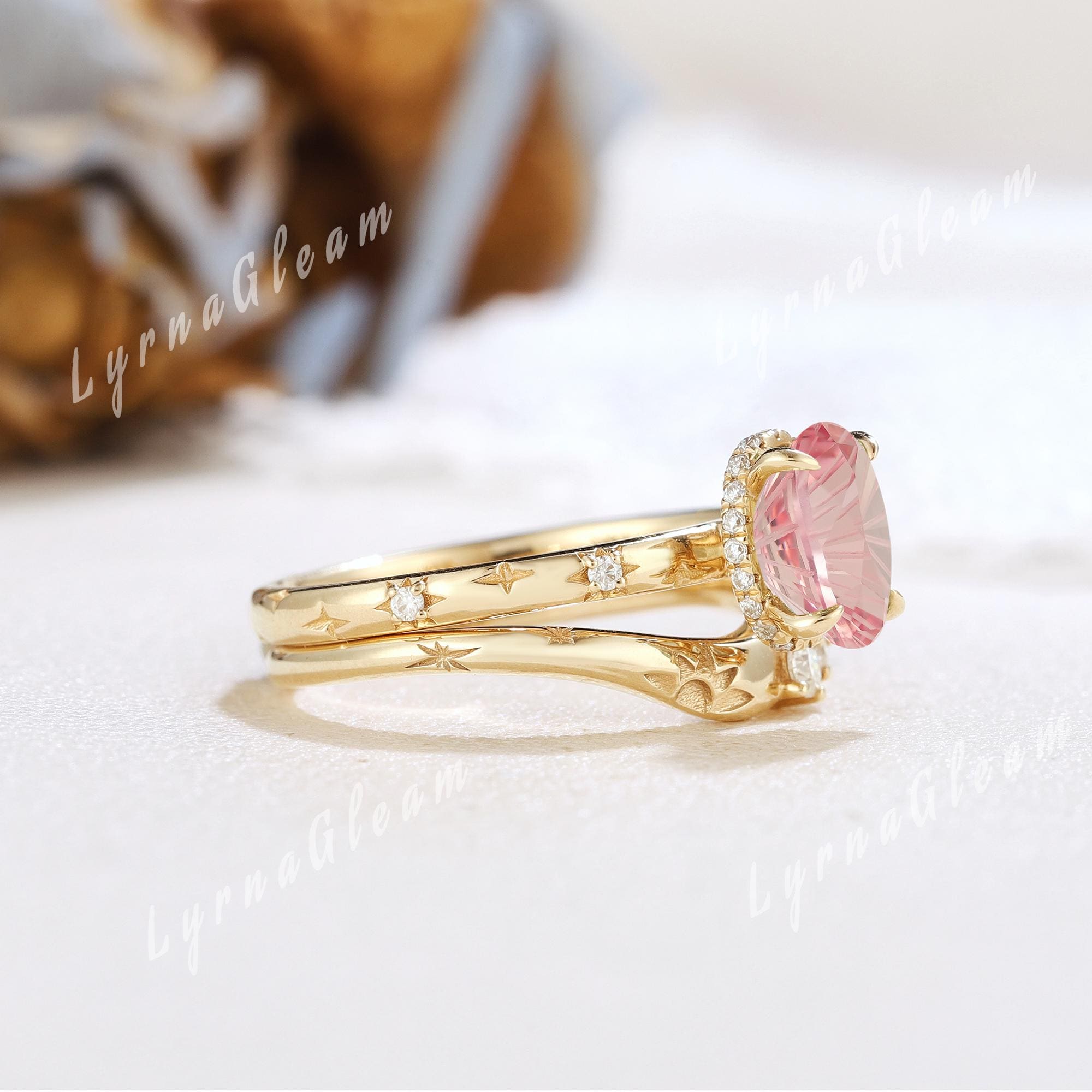 Firework Cut Pink Sapphire Engagement Ring Set Yellow Gold Starbright ...