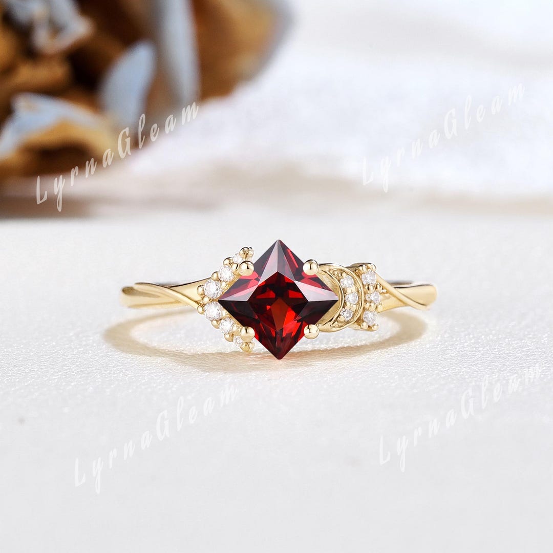 Unique Princess Cut Garnet Engagement Ring Rose Gold Cluster Moissanite ...