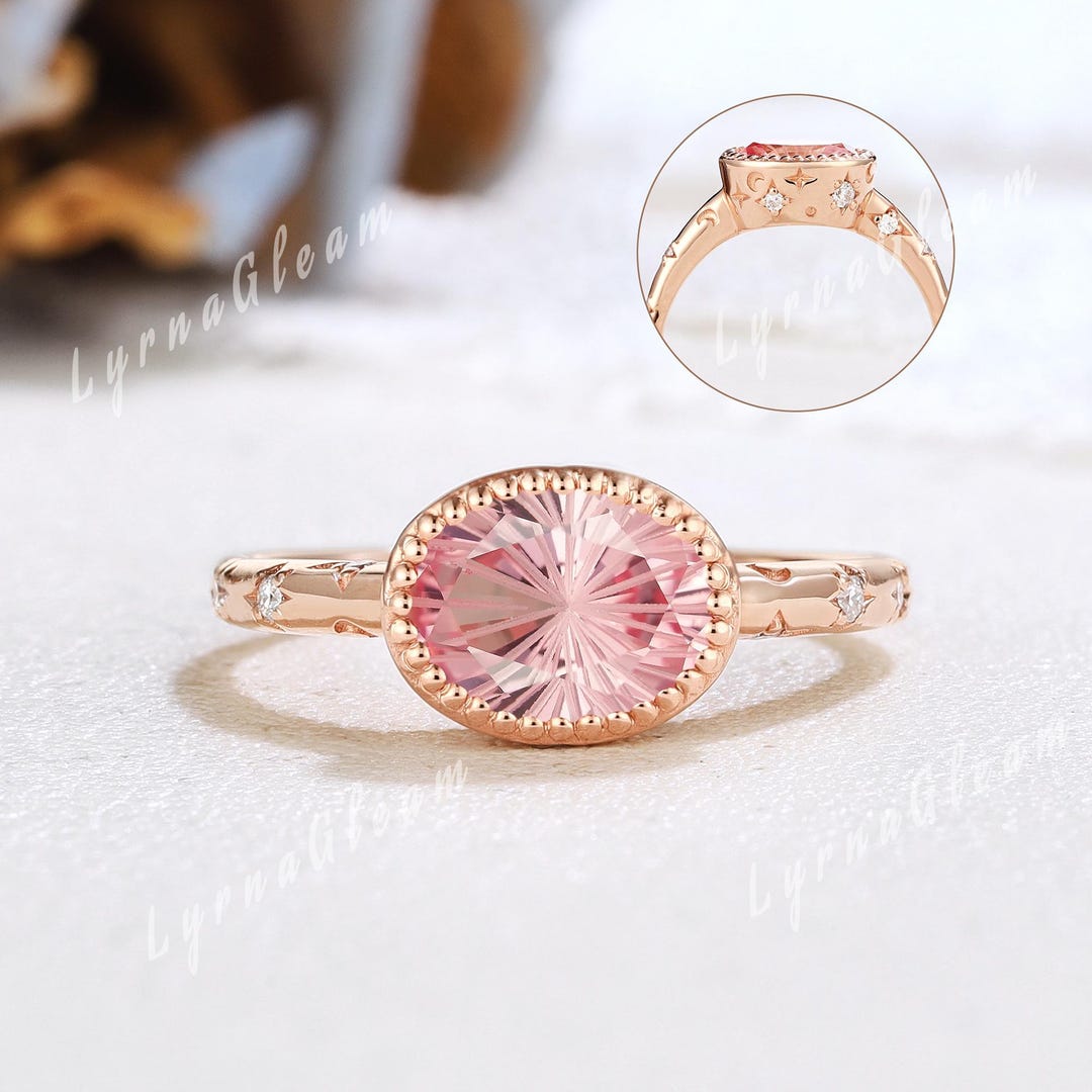 Unique Oval East West Ring Firework Cut Pink Sapphire Engagement Ring ...
