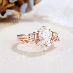 Unique Moissanite Engagement Ring Set Rose Gold Cresent Moon Wedding Ring Set Moissanite Curved ...