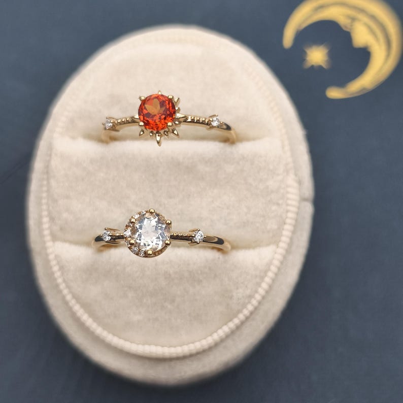 Unique Sun and Moon Engagement Ring Set Solid Gold Moonstone Ring ...
