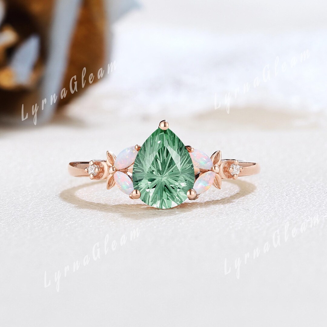 Pear Firework Cut Green Sapphire Engagement Ring Rose Gold Nature ...